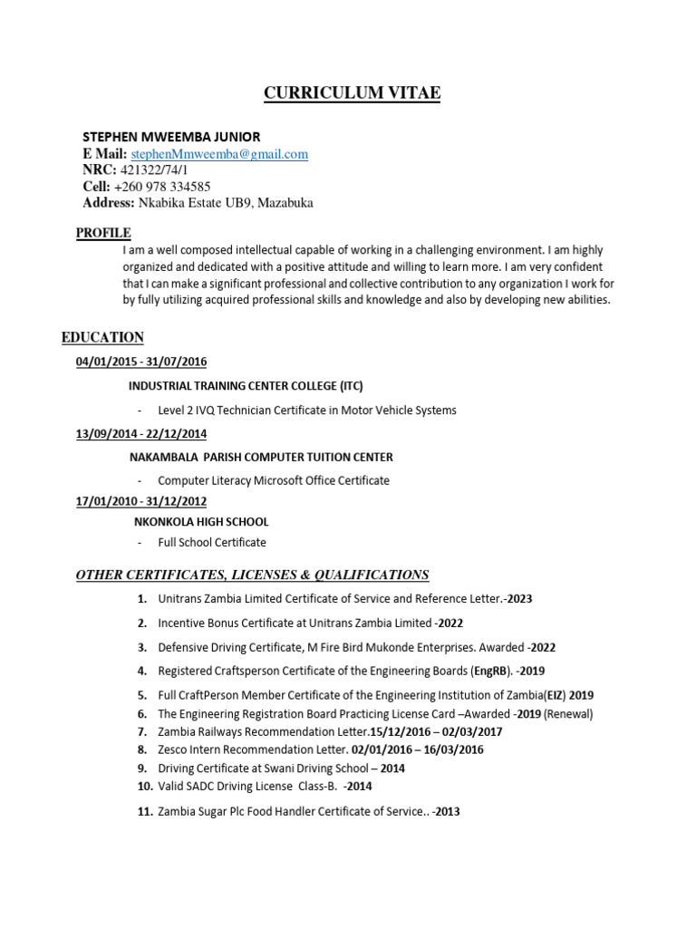 CV - Mweemba Stephen - 2024update PDF | PDF | Brake | Vehicles