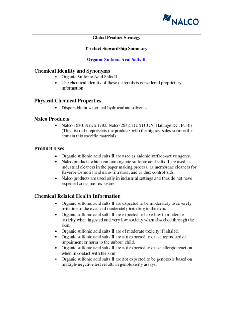 Organic Sulfonic Acid Salts II Overview | PDF | Personal Protective ...