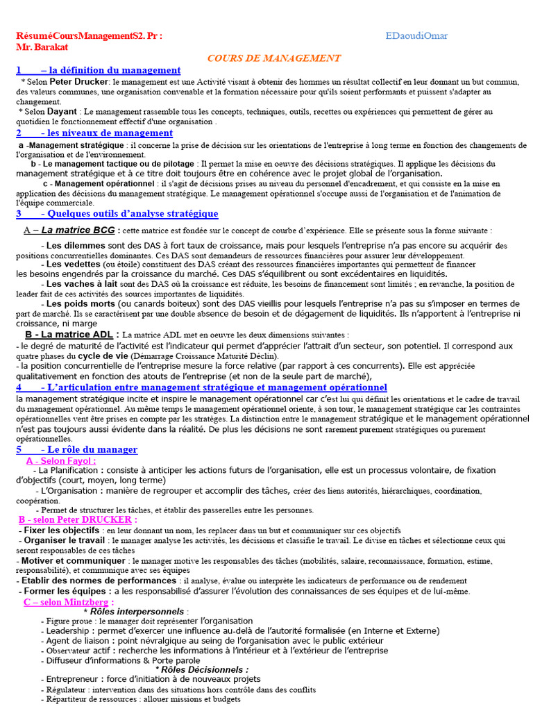 Résumé du Cours de Management S2 | PDF | Motivation | Motivant