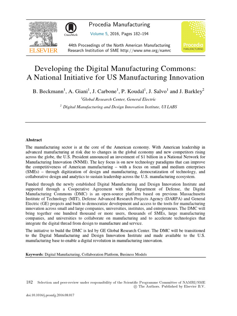 Developing The Digital Manufacturing Commons. A National Initative For US Manufacturing ...