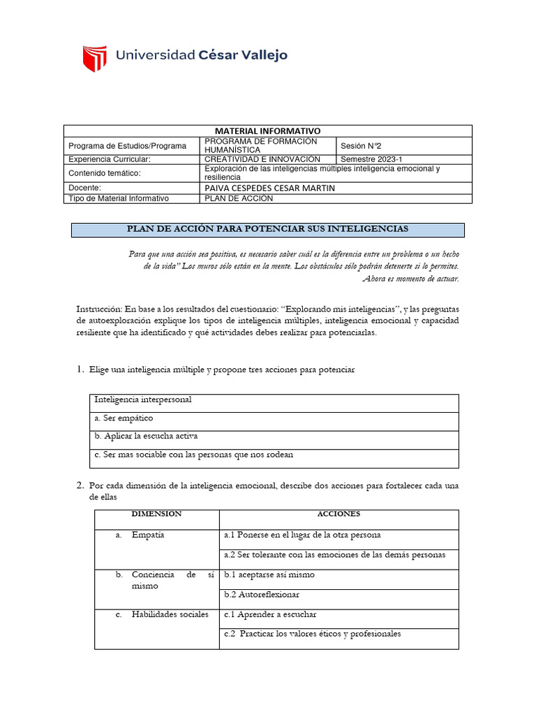 Plan de Accion 2 | PDF | Las emociones | Inteligencia emocional