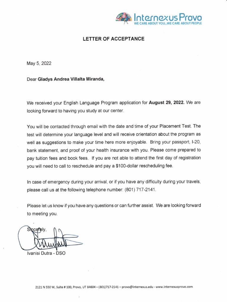 Acceptance Letter Gladys | PDF