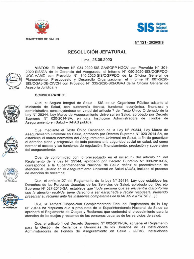 RESOLUCIÓN JEFATURAL #121-2020-SIS - Susalud | PDF | Documento de identidad