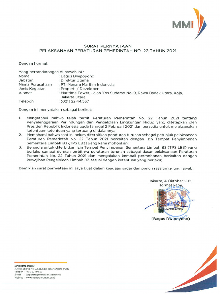 Pernyataan Pelaksanaan PP No 22 Tahun 2021 (DLH) | PDF