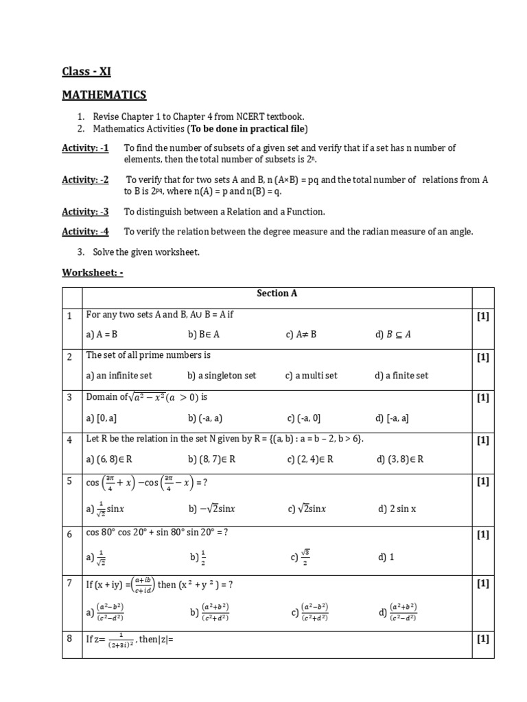 Class XI Maths Holiday Homework | PDF | Numbers | Mathematical Logic