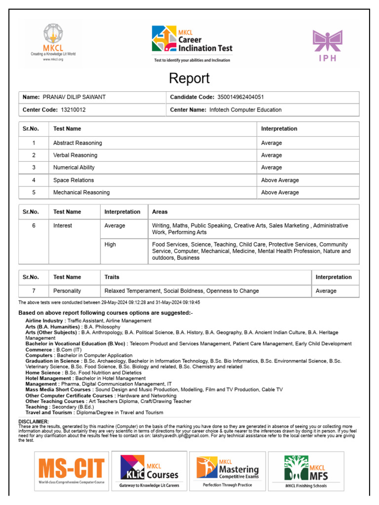 Future Vedh (दिशा शोध चाचणी) Report | PDF | Science | Bachelor's Degree