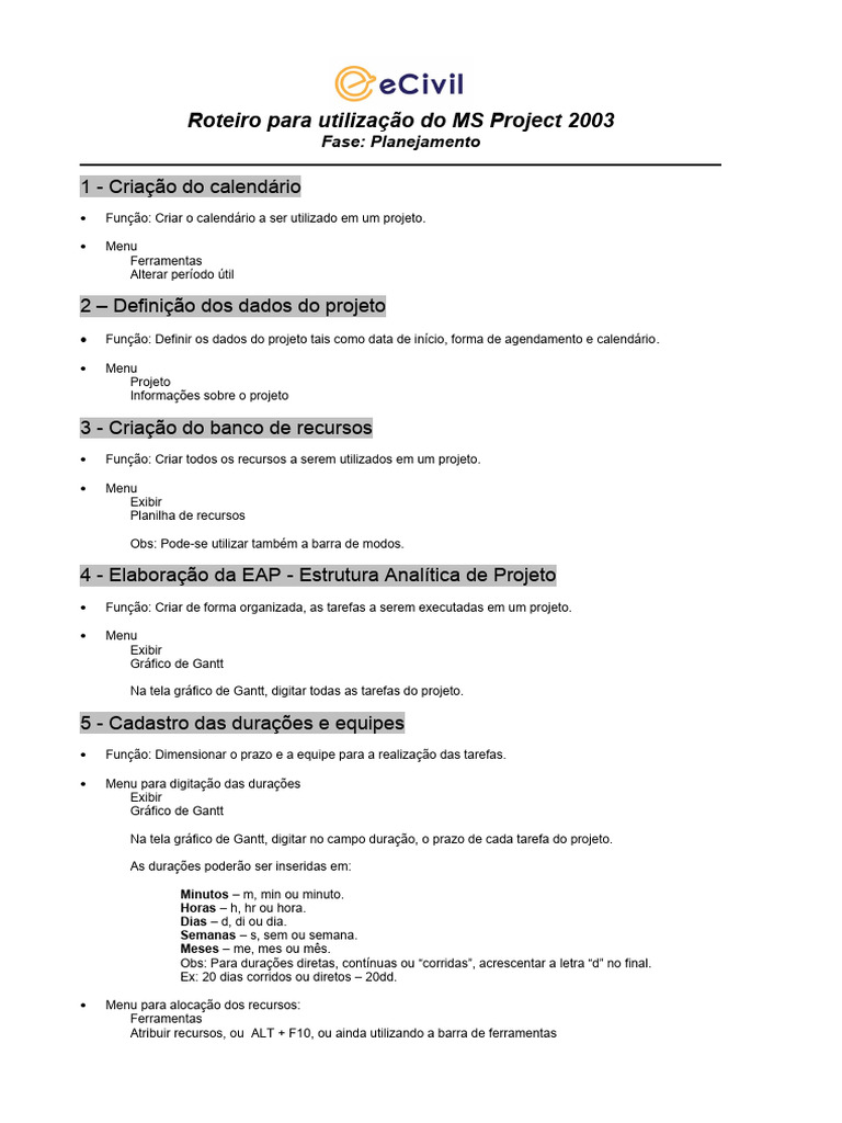 02 - Roteiro para Utilização Do MS Project 2003 - Planejamento | PDF ...