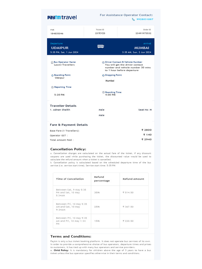 Paytm Udaipur To Mumbai 'Ticket | PDF | Bus | Identity Document