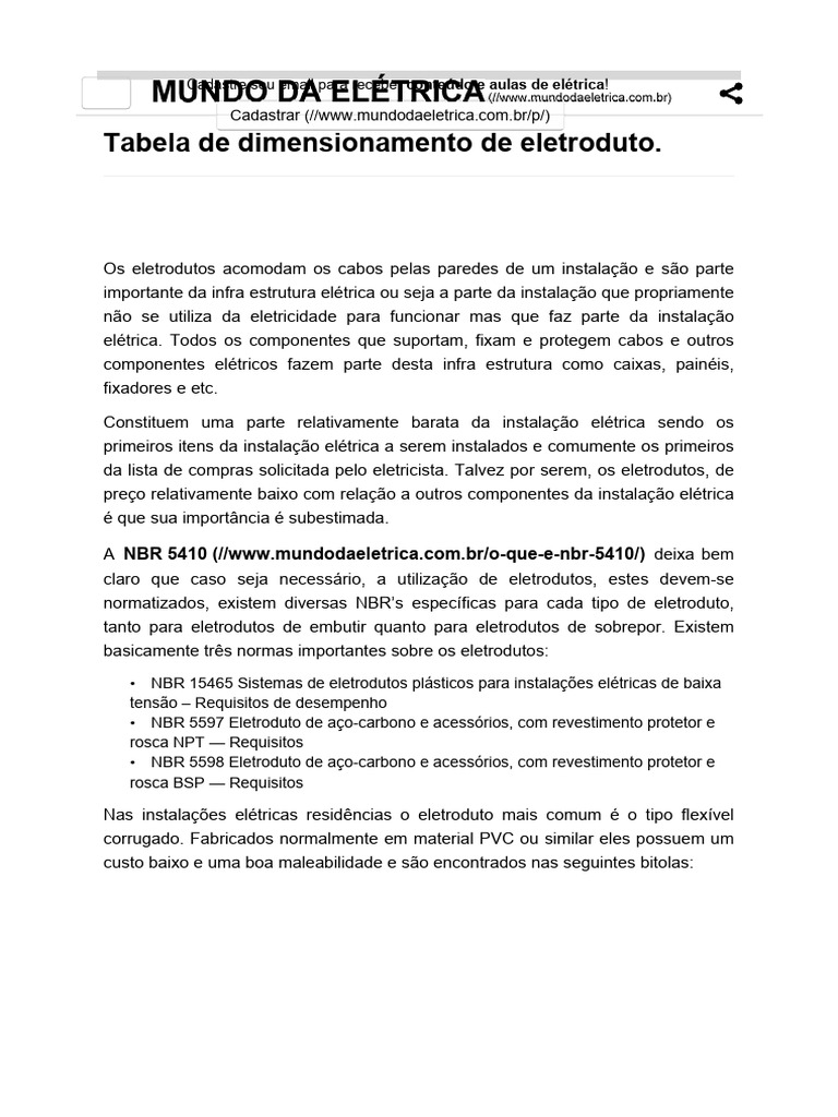 Tabela de Dimensionamento de Eletroduto | PDF | Eletricidade | Eletricista