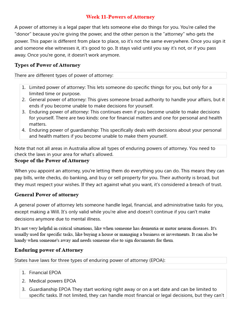 Week 11-Powers of Attorney | PDF | Power Of Attorney | Legal Guardian