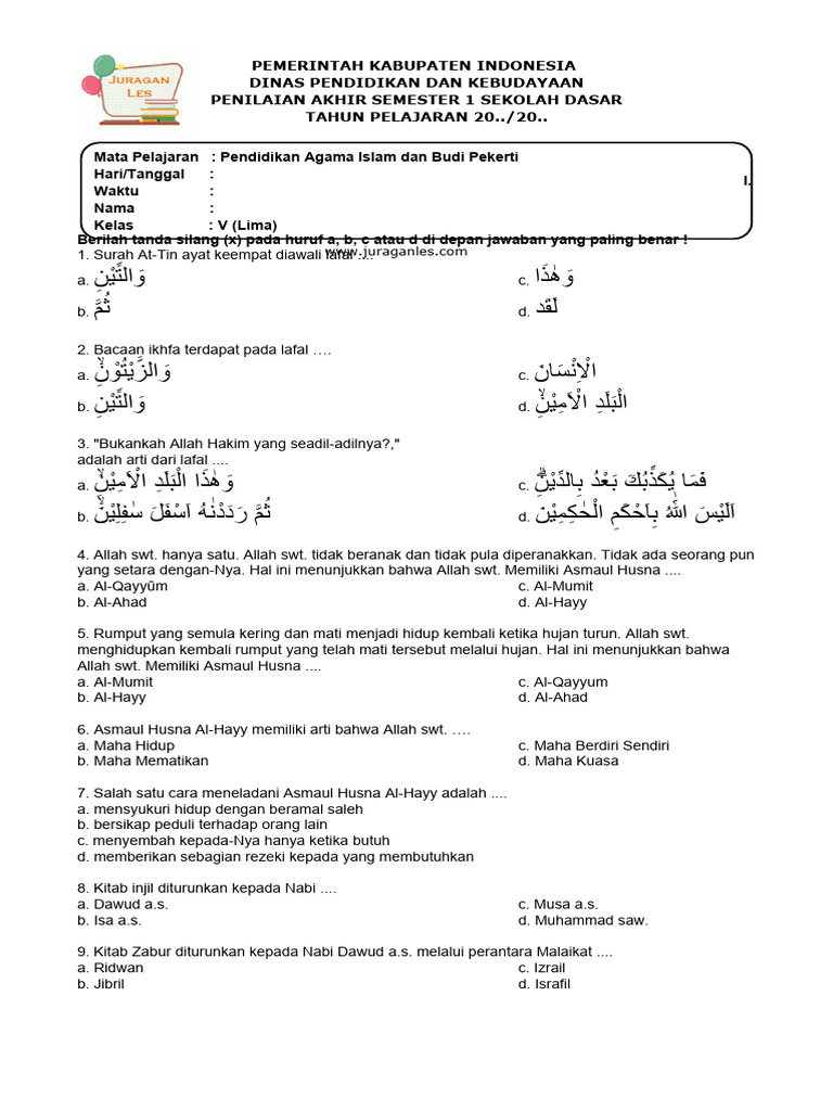 Soal PAS Pendidikan Agama Islam Kelas 5 Semester 1 Tahun 2022 | PDF