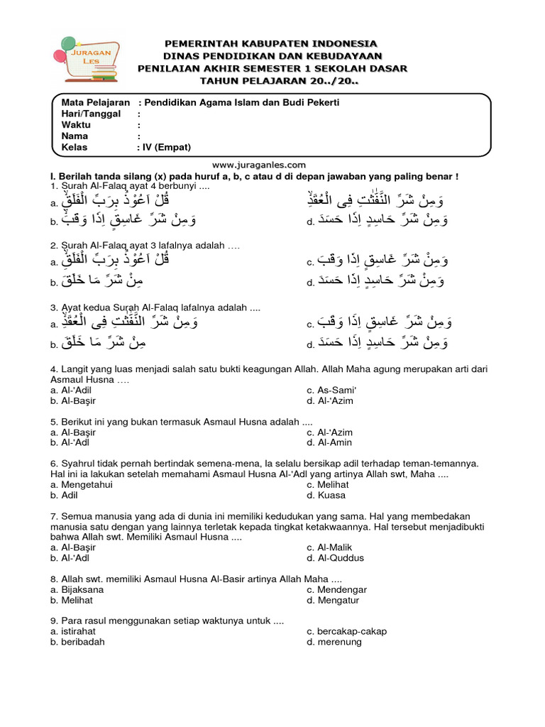 Soal PAS Pendidikan Agama Islam Kelas 4 Semester 1 Tahun 2022 | PDF