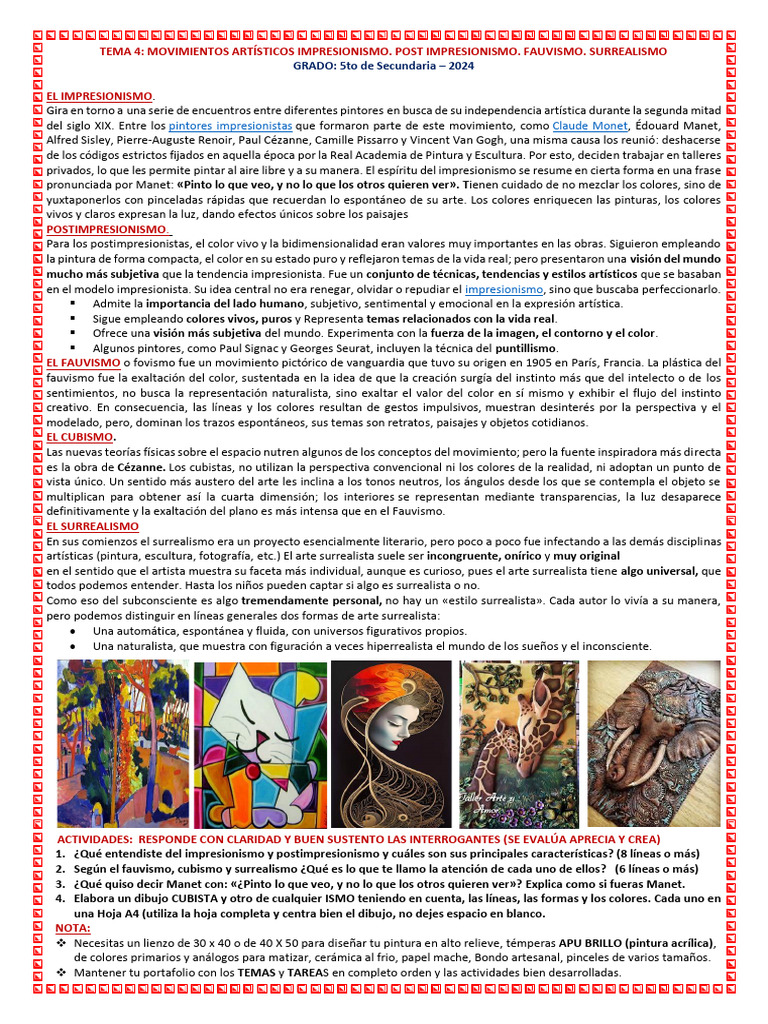 Tema 4 de Los Ismos 5to-2024 | PDF | Impresionismo | Pinturas