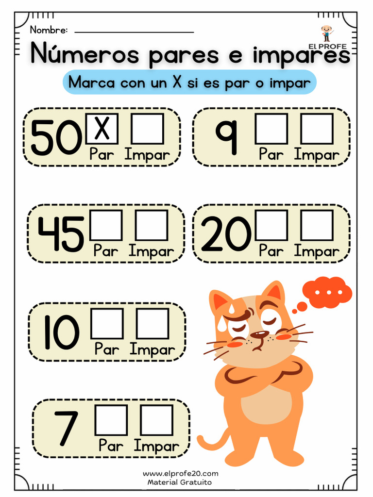 Ejercicios de Numeros Pares e Impares Elprofe20 | PDF