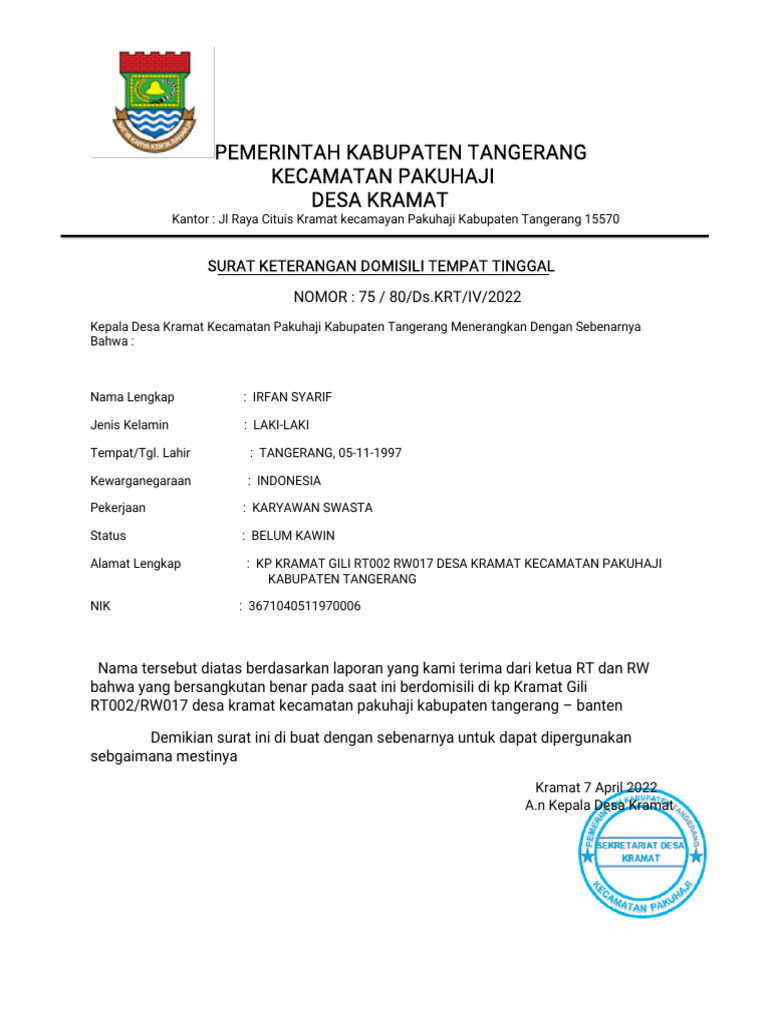Surat Keterangan Domisili Kramat | PDF