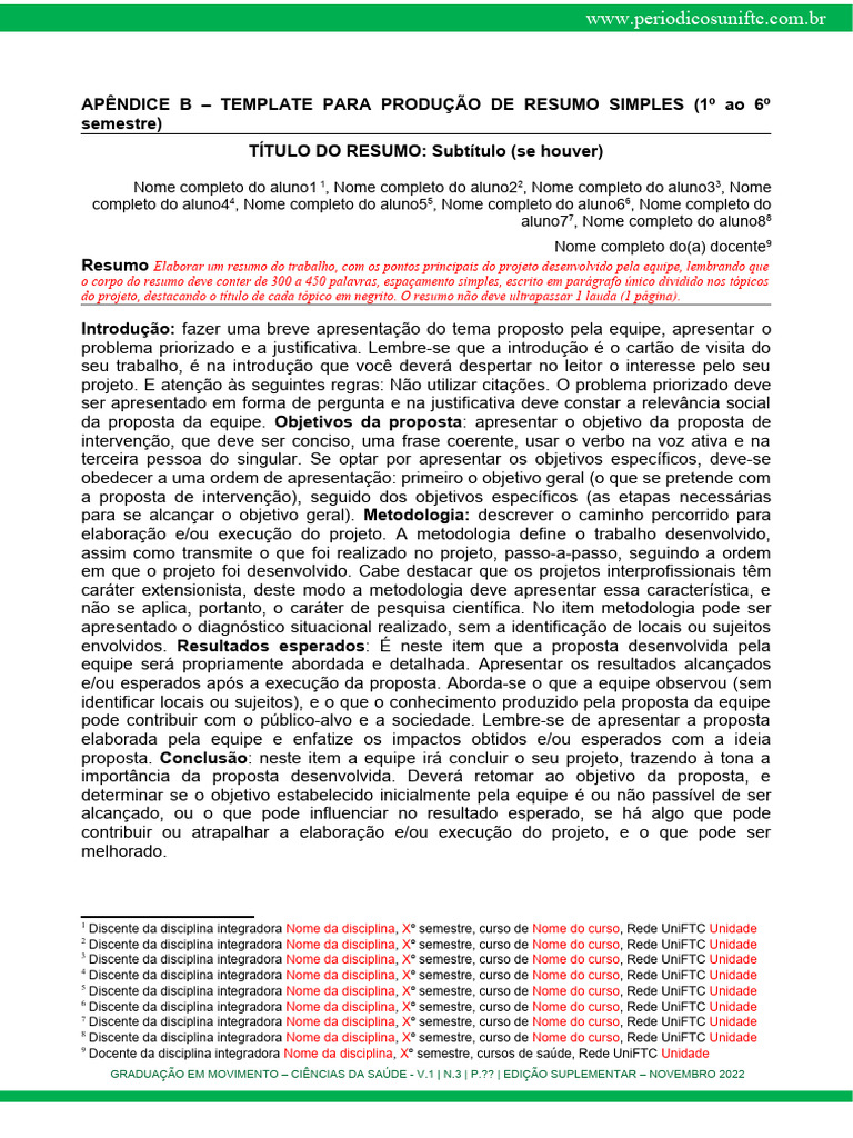 Template para Producao de Resumo Simples 1o Ao 6o Semestre | PDF | Abstract (resumo)