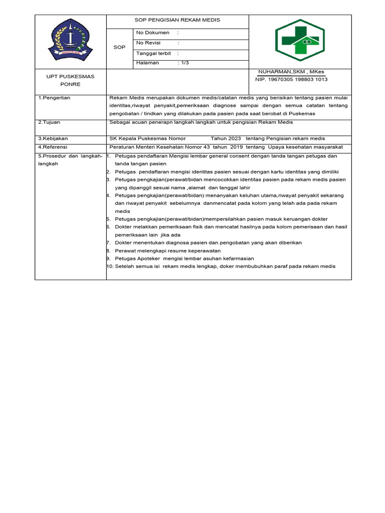 Sop Pengisian Rekam Medis | PDF