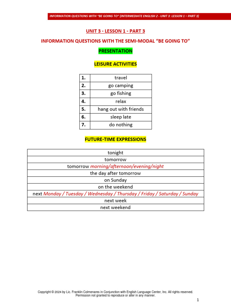 Information Questions With Be Going To (Unit 3 - Lesson 1 - Part 3) | Download Free PDF ...