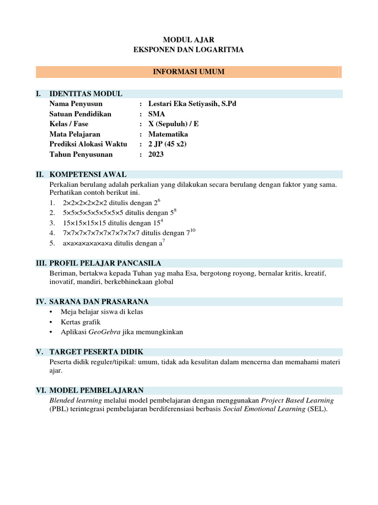 Modul Ajar Eksponen dan Logaritma SMA | PDF | Sains & Matematika