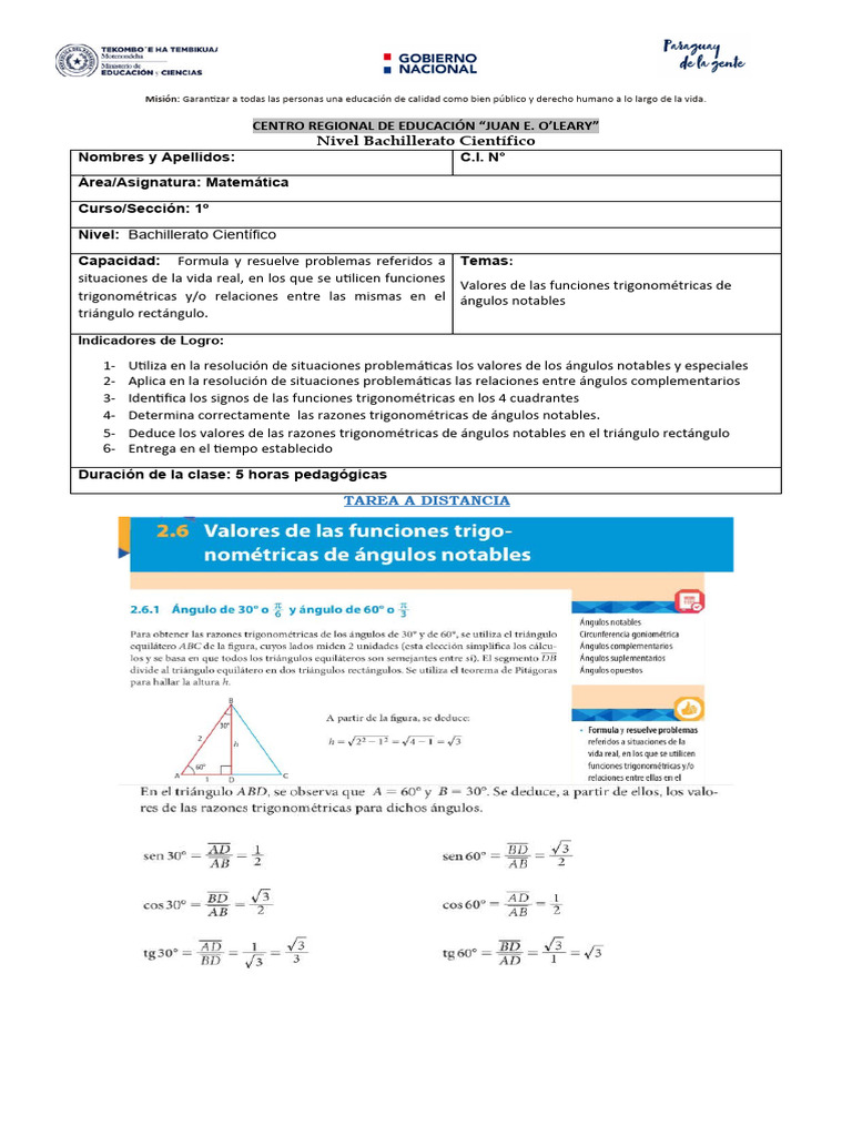 Valores de Las Funciones Trigonométricas de Ángulos Notables | PDF ...