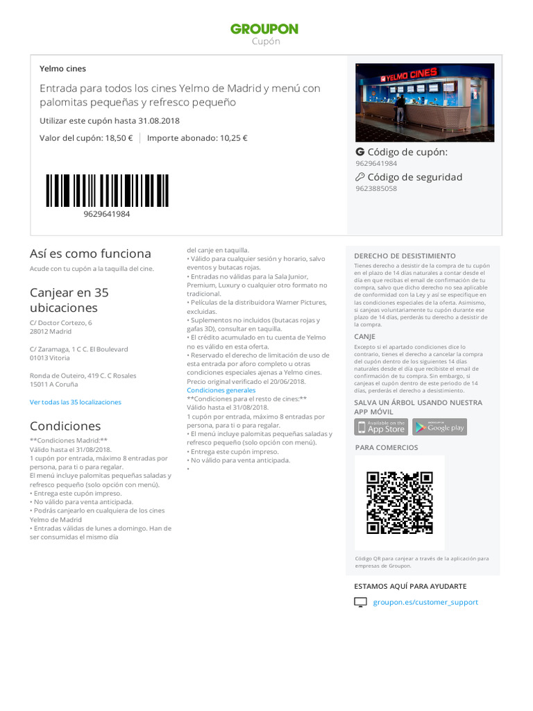 Entrada para Todos Los Cines Yelmo de Madrid y Menú Con Palomitas ...