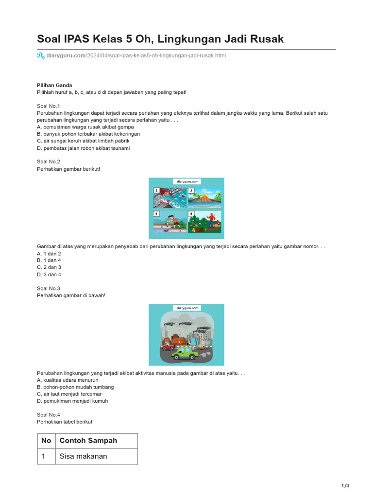 Soal IPAS Kelas 5 Oh Lingkungan Jadi Rusak | PDF | Sains & Matematika