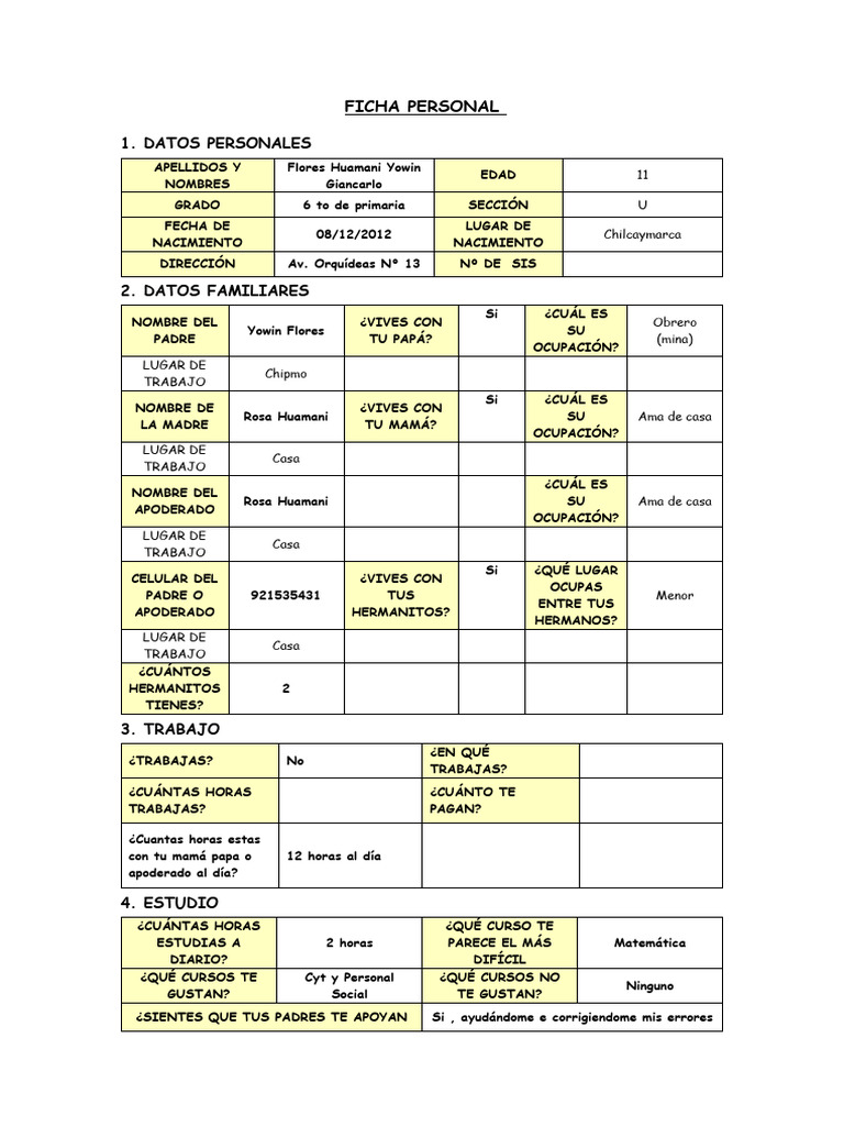 FICHA PERSONAL de Estudiante Primario | PDF