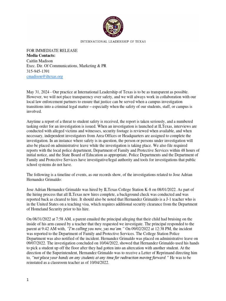 Press Release - ILTexas Investigation Update & Timeline - Jose Adrian ...