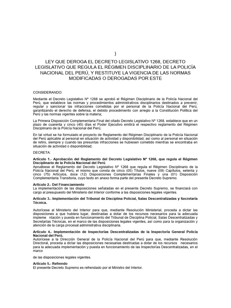 Ley Que Deroga El Decreto Legislativo 1268 | PDF | Policía | Disciplinas
