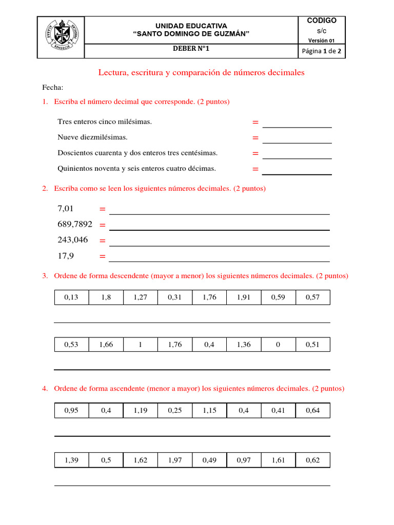 DEBER N°1 Lectura y Escritura de Números Decimales | PDF
