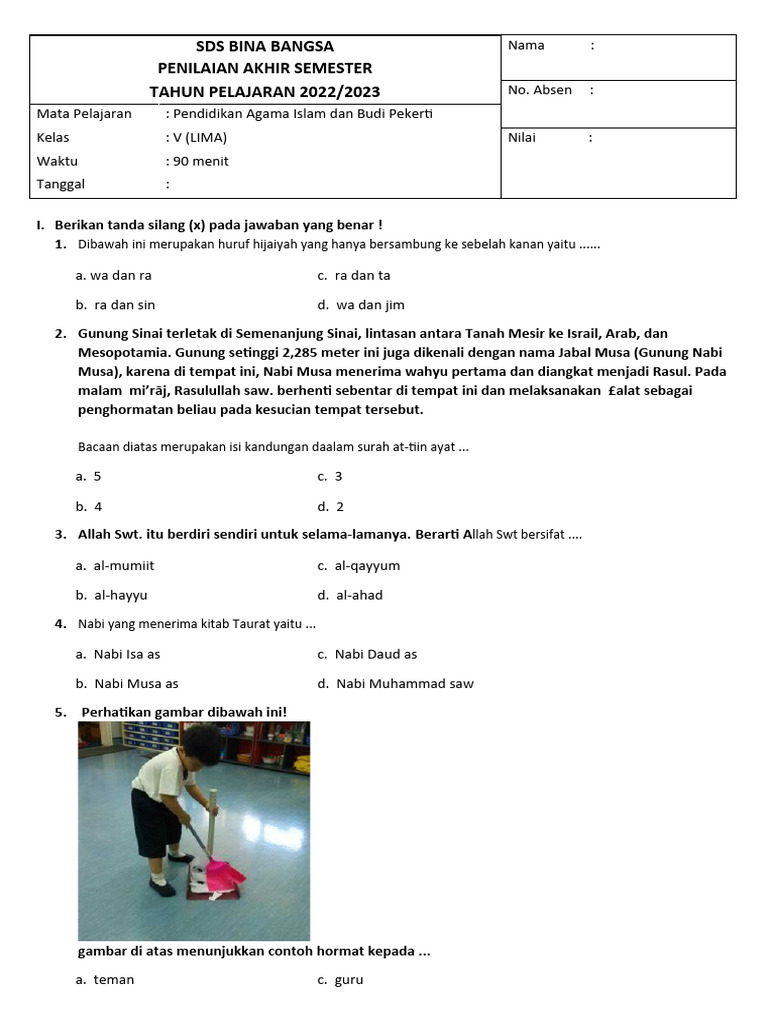 Soal PAS PAI Kelas 5 SMT 1 | PDF | Agama & Spiritualitas
