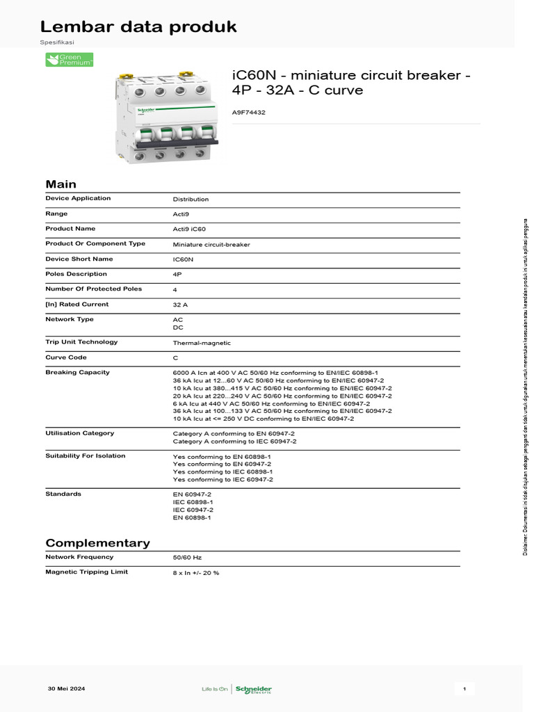 Schneider Electric MCB For Protection Acti9 IC60 A9F74432 | PDF | Power ...