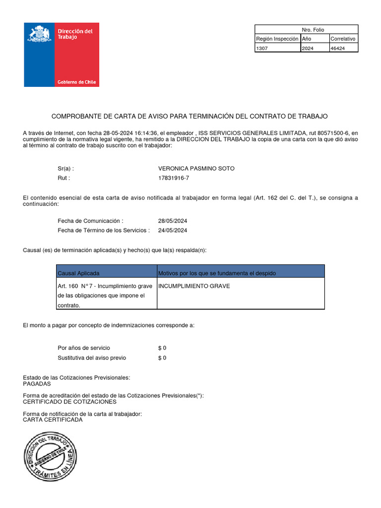 Comprobante de Carta de Aviso para Terminación Del Contrato de Trabajo ...