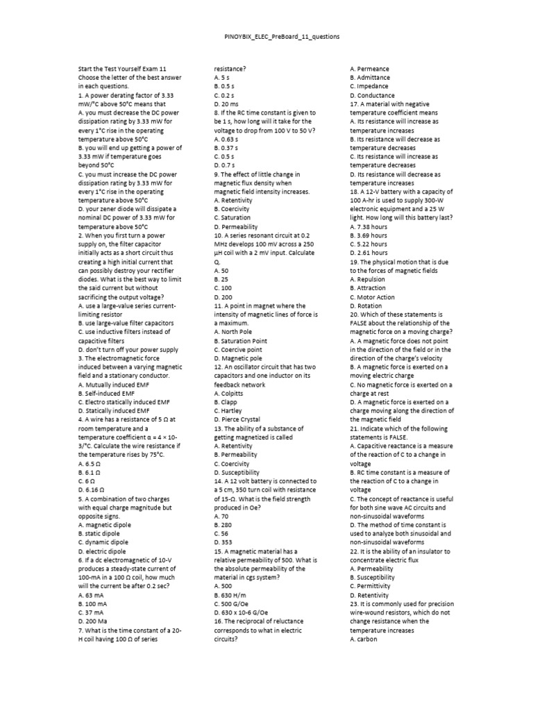 ELEC PreBoard 11 Questions | PDF | Electrical Resistance And Conductance | Capacitor