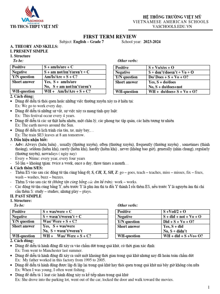 Review Final Term 1 - Grade 7 | PDF