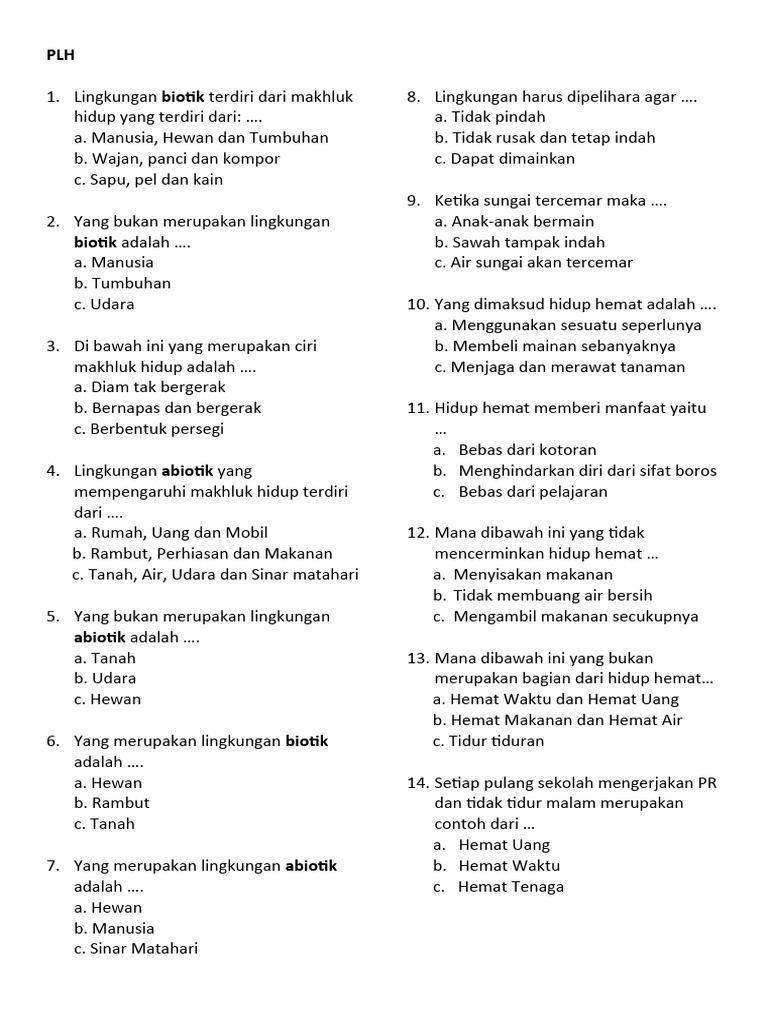 Materi Latihan Soal PLH (PG) Kelas 2 Semester 1 Kurikulum Merdeka | PDF | Teknologi & Rekayasa