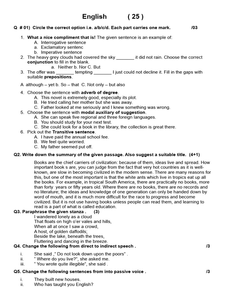 Admission Test For Class 9th | PDF | Grammar | Linguistics