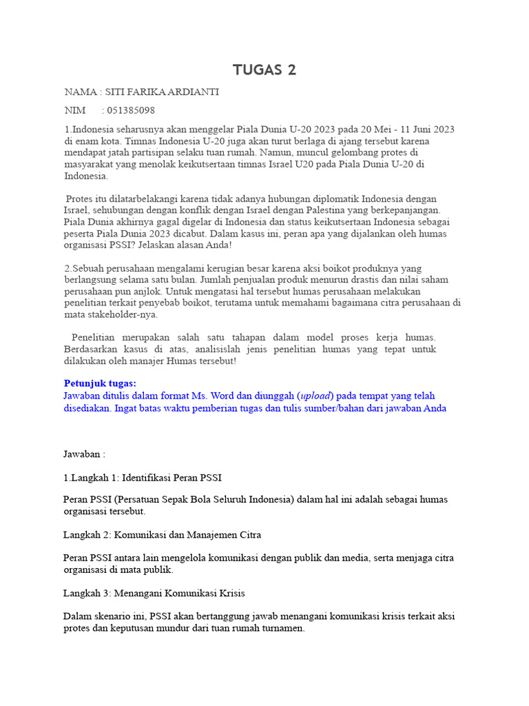 Siti Farika Ardianti - 051385098 - Tugas 2 Humas | PDF