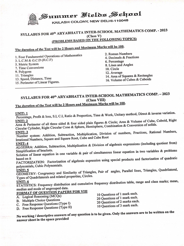 Aryabhatt 2023 Class 8 Syllabus | PDF