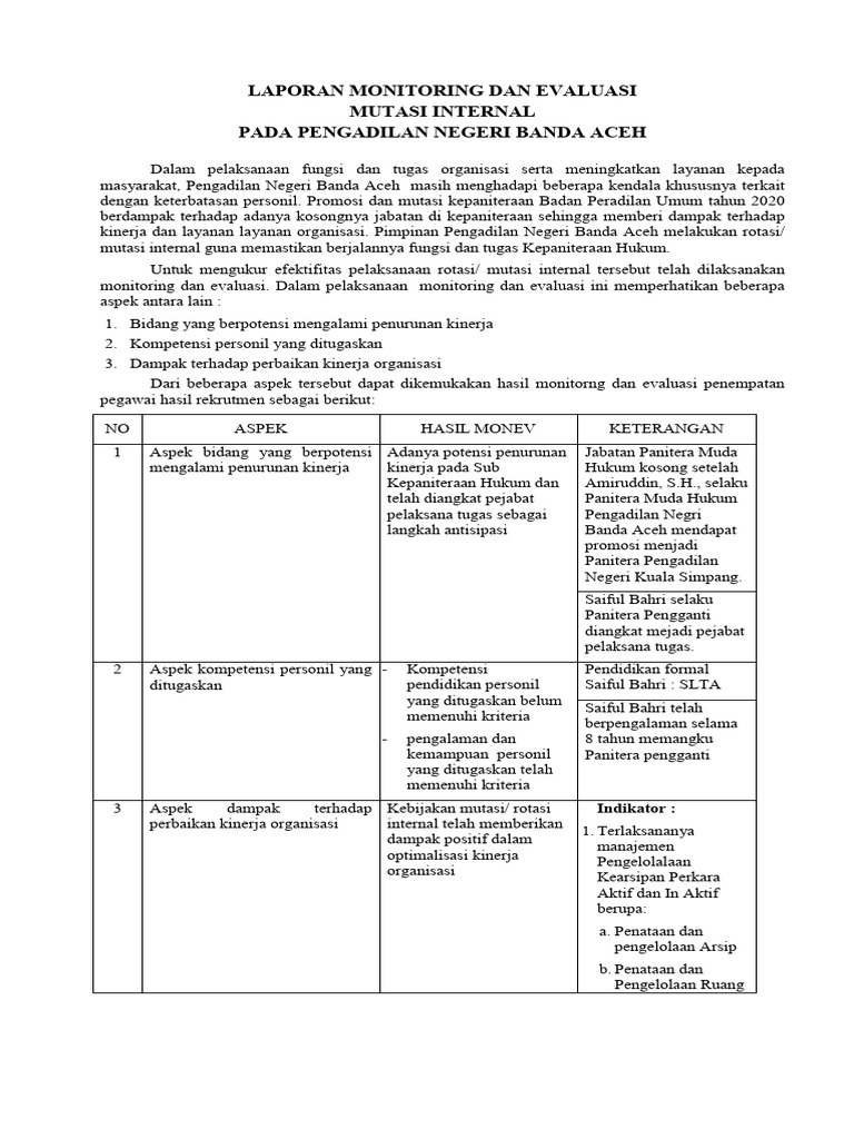 Contoh Laporan Monev Mutasi | PDF