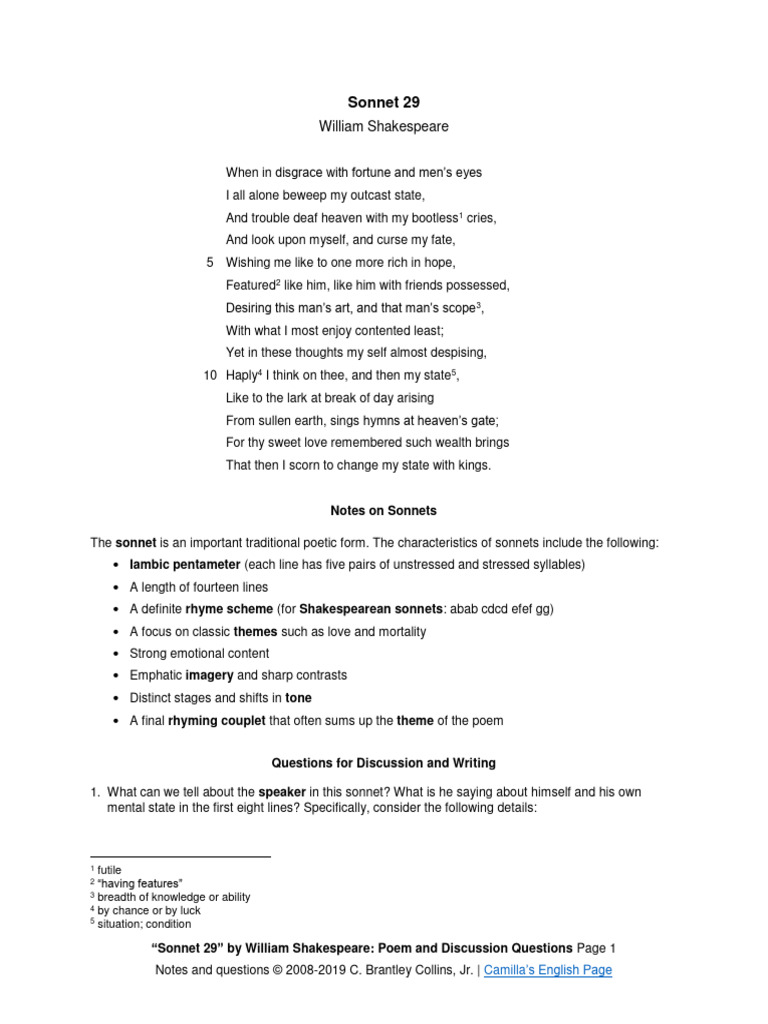 Analysis of Shakespeare's Sonnet 29 | PDF | British Poetry | Sonnets