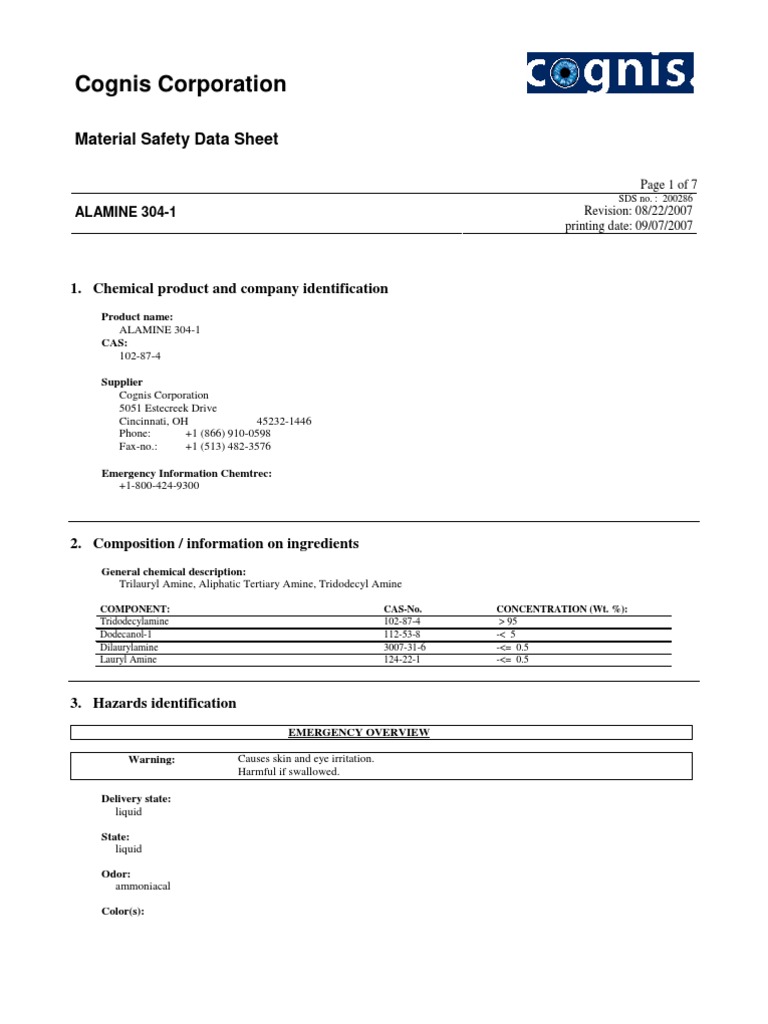 Alamine 304-1 Safety Data Sheet | PDF | Dangerous Goods | Pollution