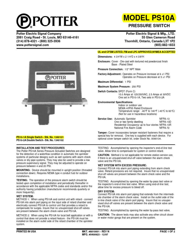 Potter PS10A Pressure Switch Manual | PDF | Switch | Valve