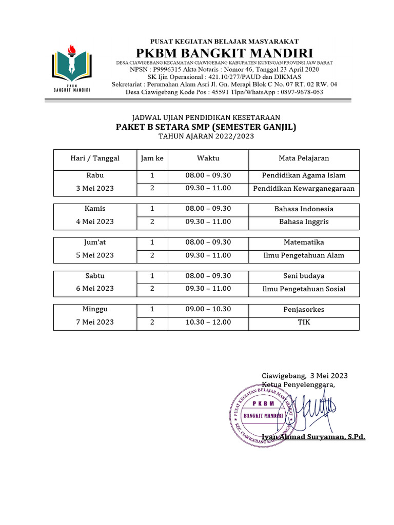 Jadwal Ujian Modul Kesetaraan B & C 2021 | PDF