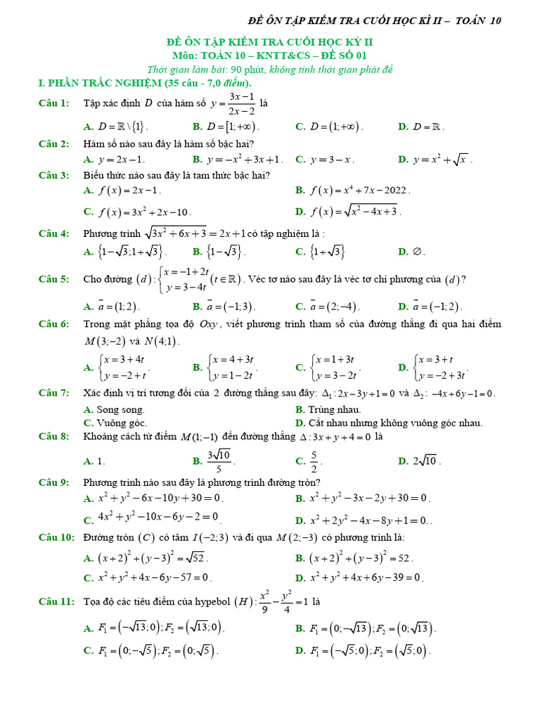 10 de On Tap Cuoi Hoc Ki 2 Toan 10 Ket Noi Tri Thuc Voi Cuoc Song 70 TN 30 TL | PDF