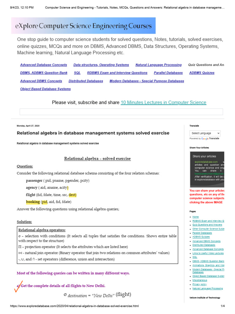 Relational Algebra Exercises for DBMS | PDF | Databases | Relational Model