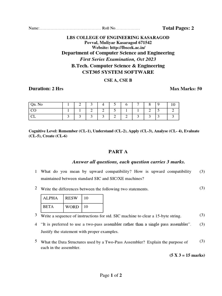 CST305 Oct 2023 First Series | PDF | Assembly Language | Software Engineering