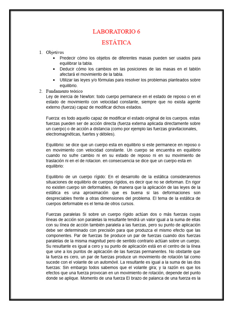 Laboratorio 6 Estatica | PDF | Fuerza | Esfuerzo de torsión