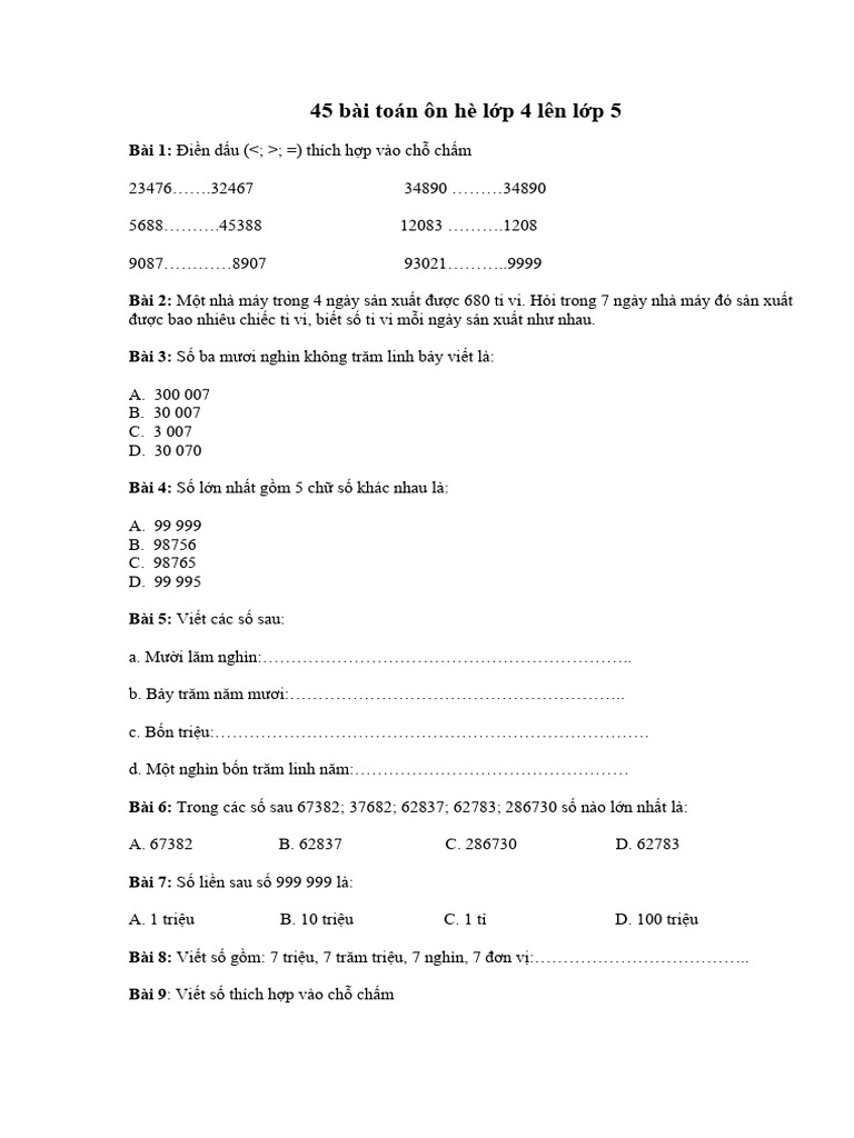 Ôn Hè Toán L P 4 | PDF