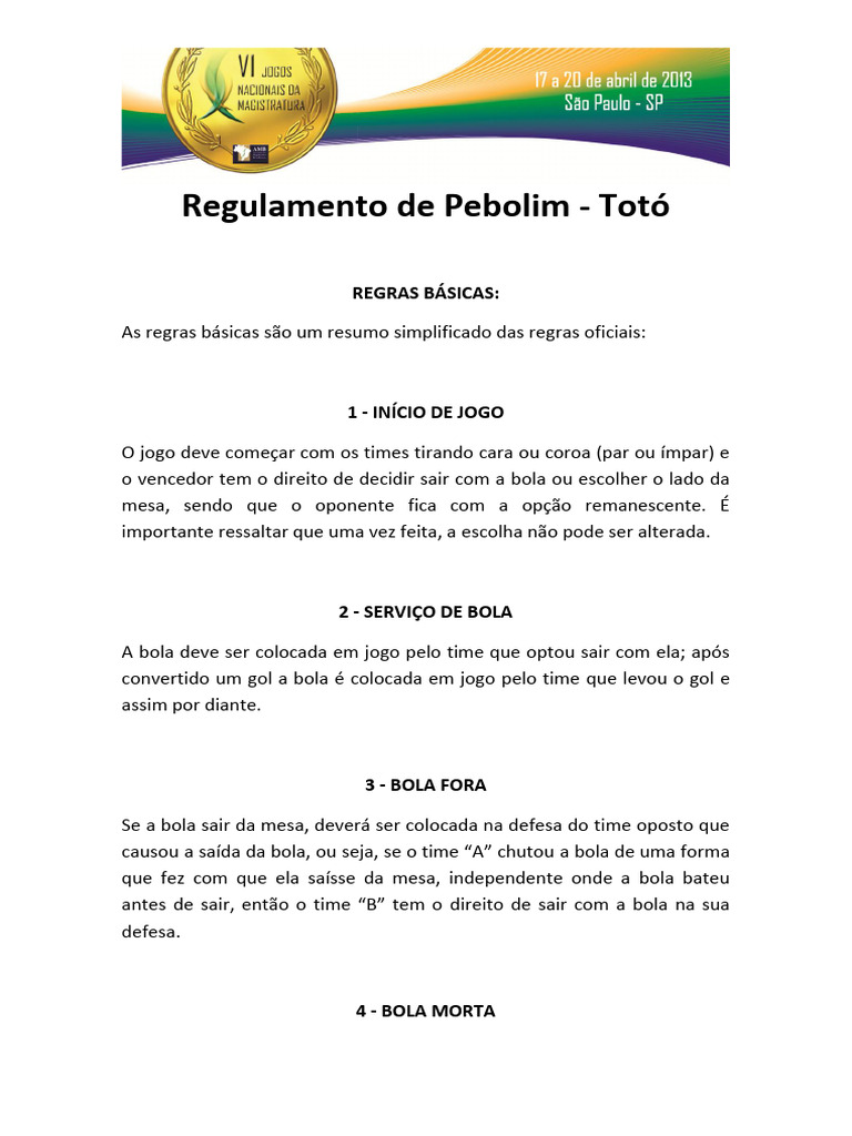 Regras do Jogo de Pebolim | PDF | Juiz (esportes)